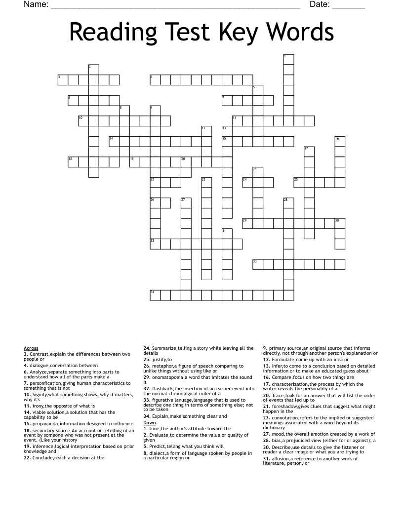 Reading Test Key Words Crossword - WordMint