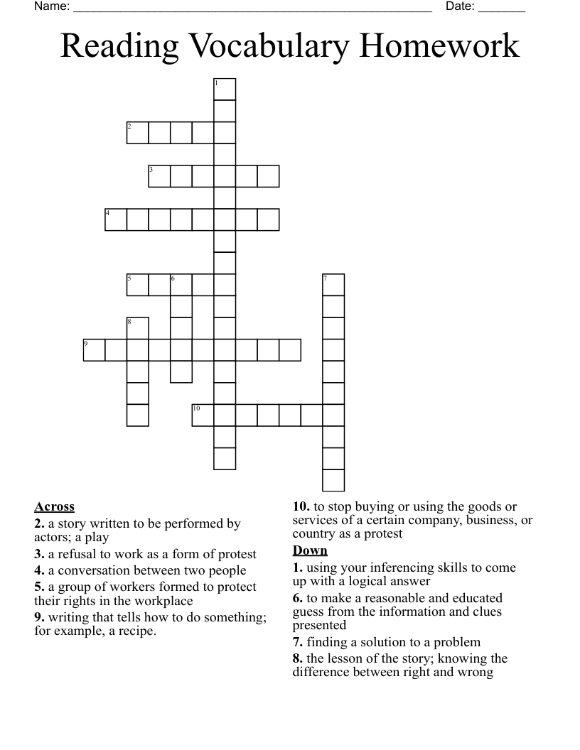 Reading Vocabulary Homework Crossword - WordMint