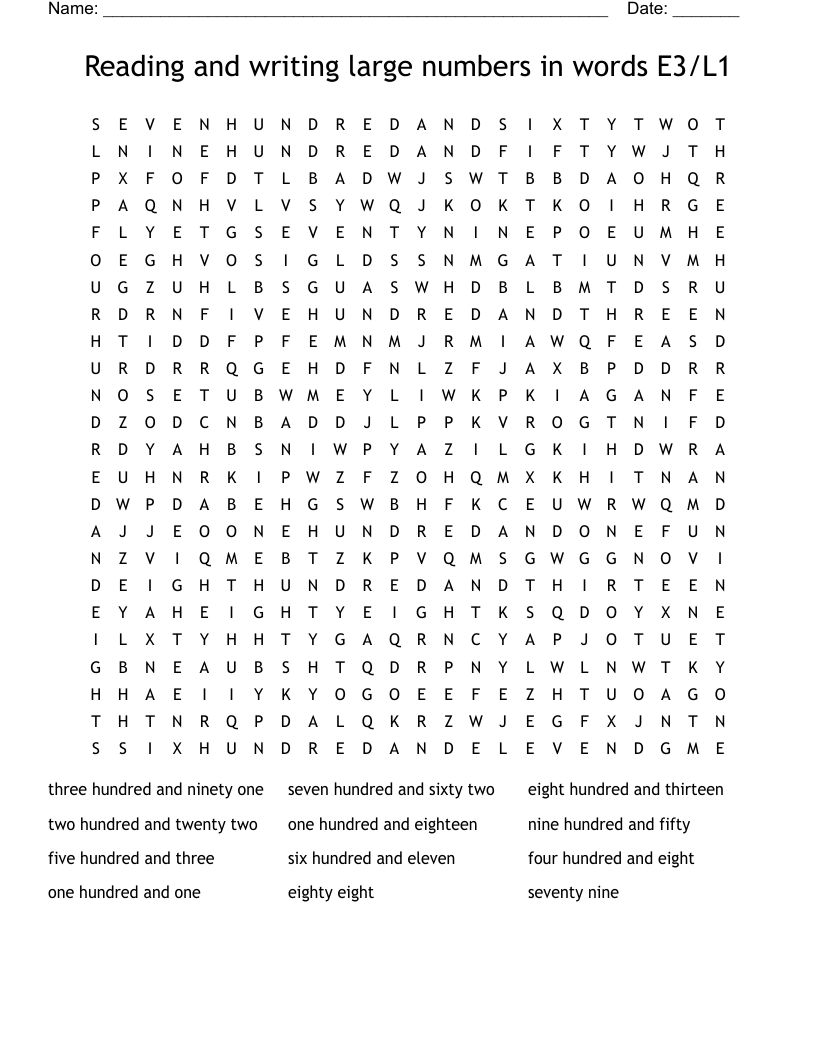 Reading And Writing Large Numbers In Words E3 L1 Word Search WordMint