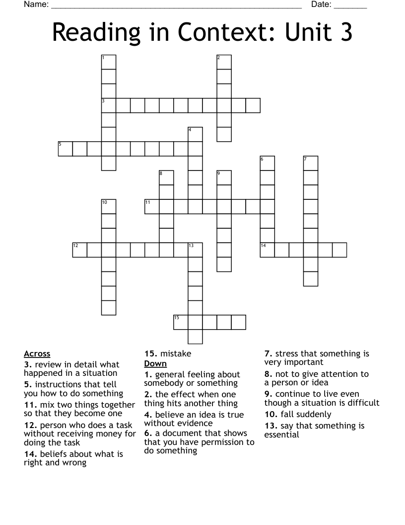Reading in Context: Unit 3 Crossword - WordMint