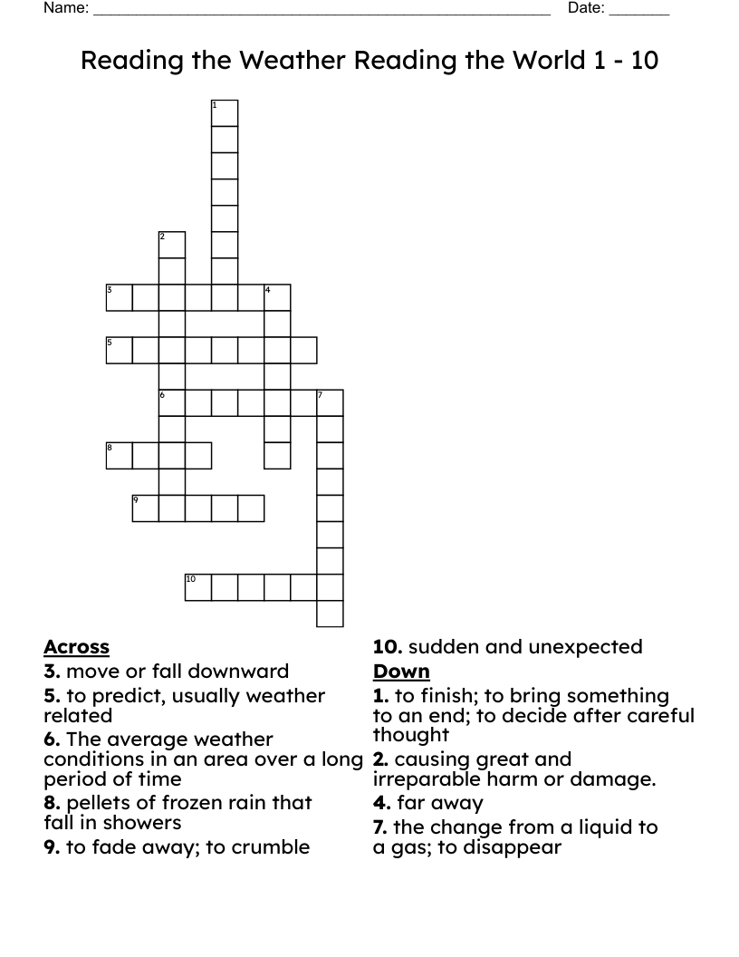 Reading the Weather Reading the World 1 - 10 Crossword - WordMint
