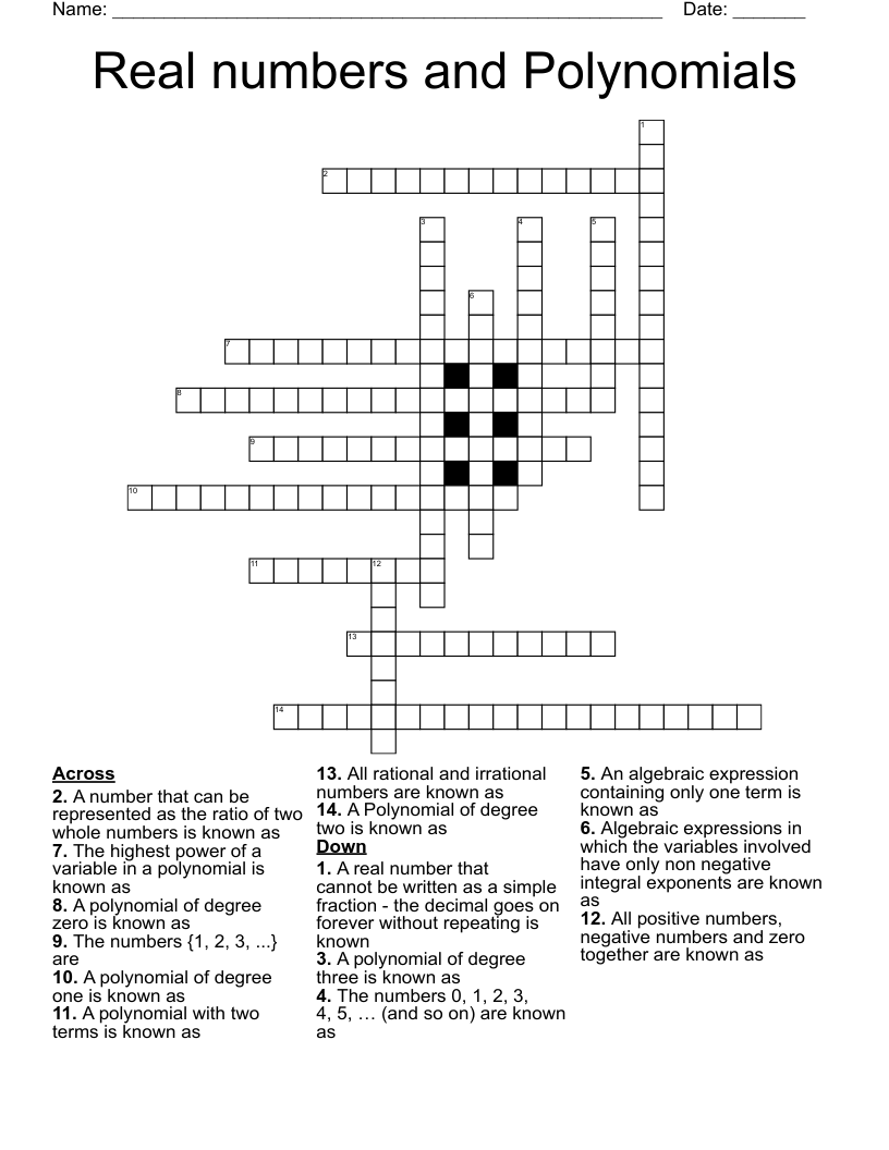 Real Numbers And Polynomials Crossword WordMint