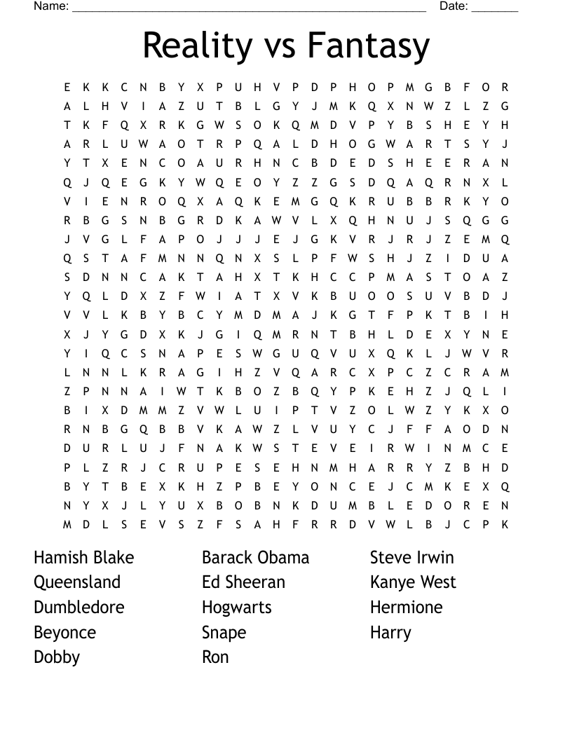 Reality vs Fantasy Word Search - WordMint