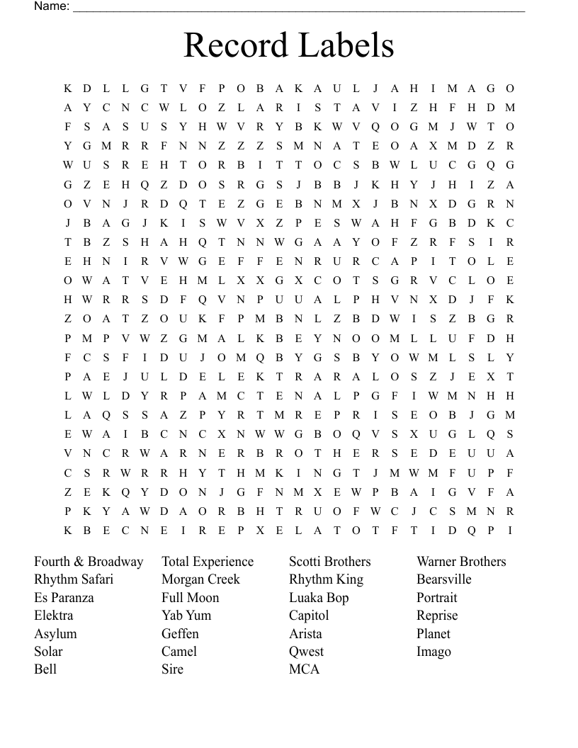 Record Labels Word Search - WordMint