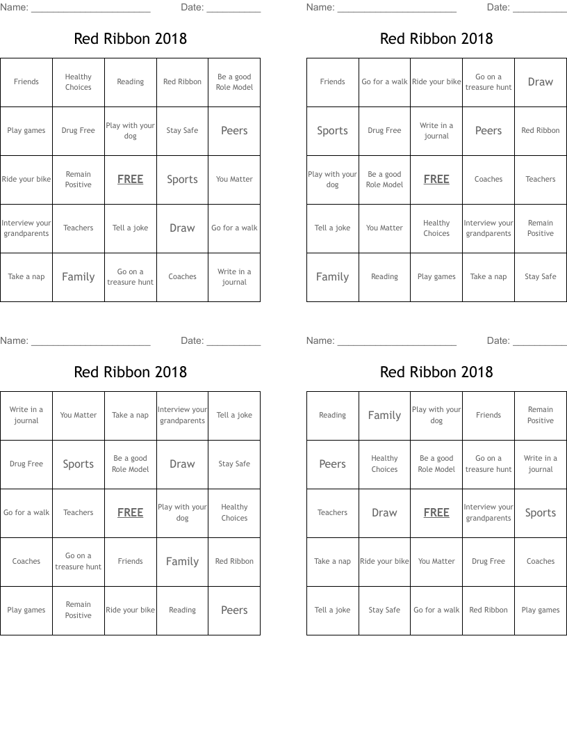 Red Ribbon 2018 Bingo Cards - WordMint