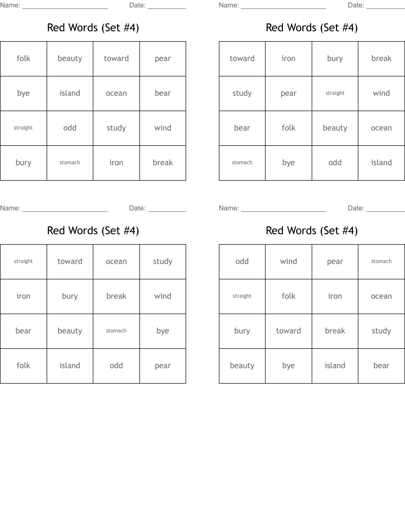 Red Words (Set #4) Bingo Cards - WordMint