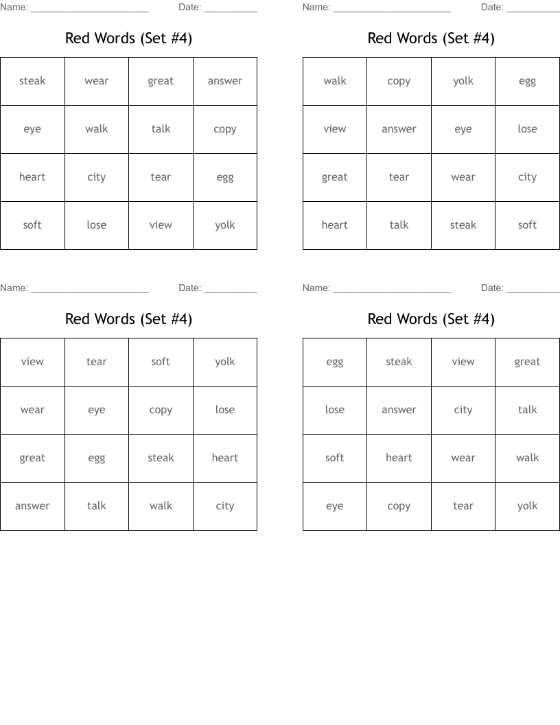 Red Words (Set #4) Bingo Cards - WordMint