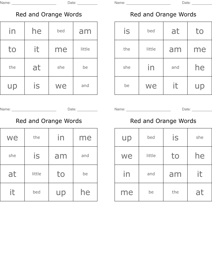 Red and Orange Words Bingo Cards - WordMint