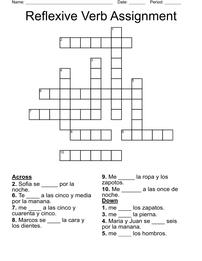 Reflexive Verb Assignment Crossword - WordMint