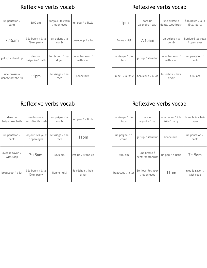 Reflexive verbs vocab Bingo Cards - WordMint
