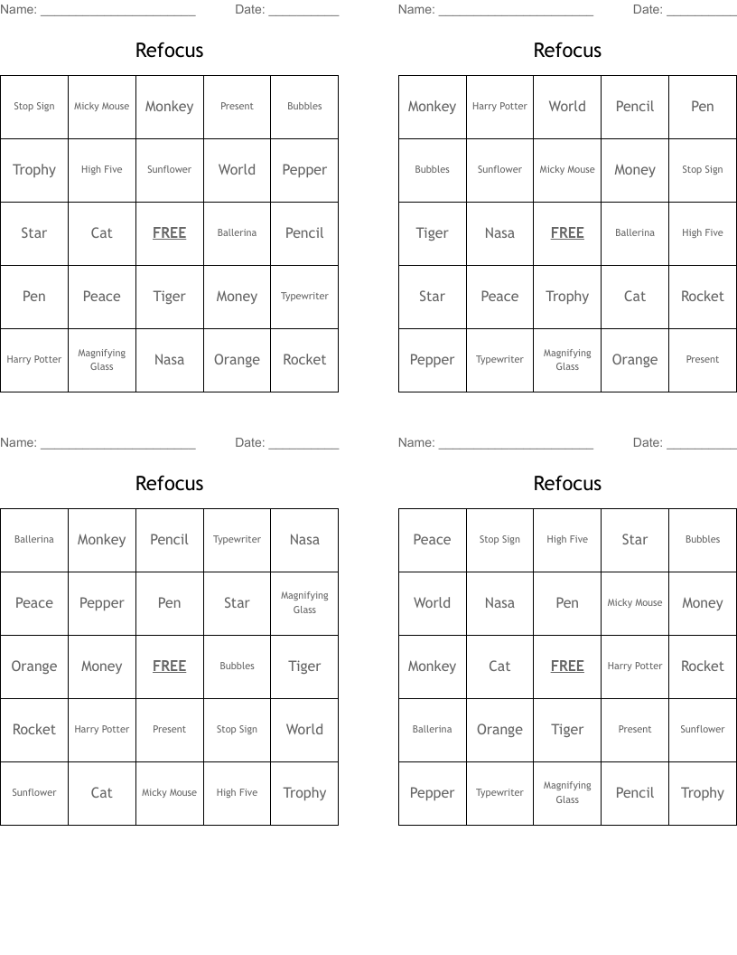 Refocus Bingo Cards - WordMint