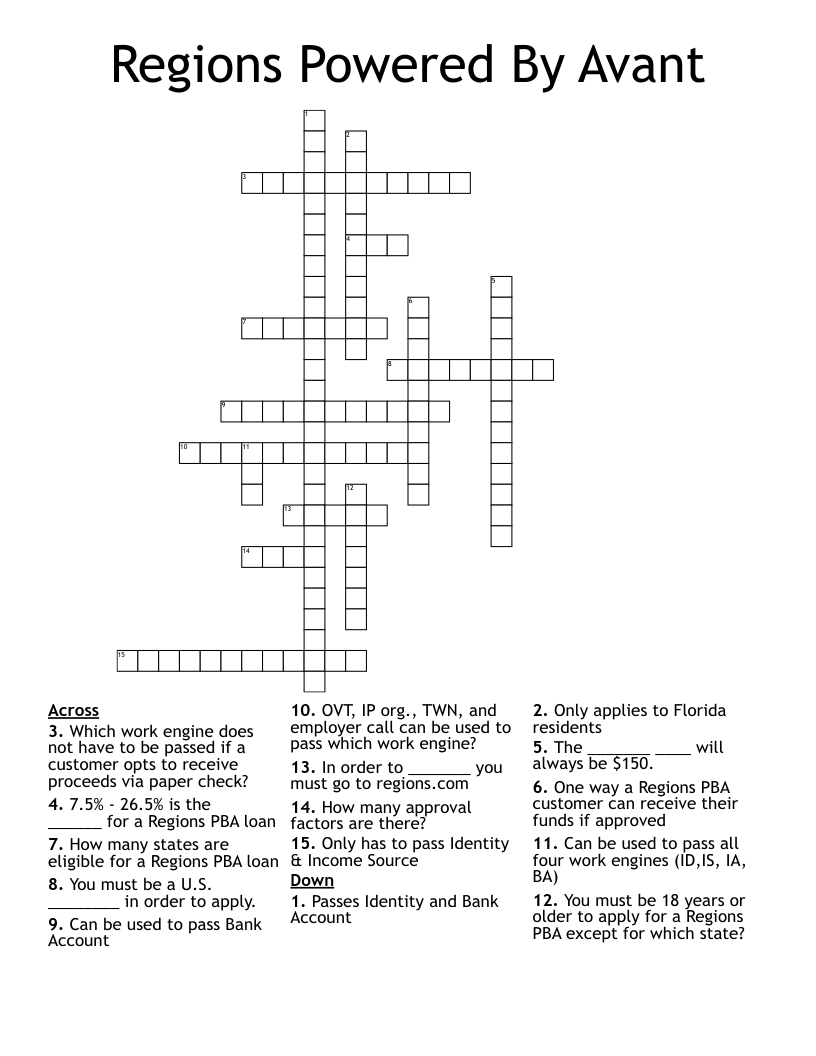 Regions Powered By Avant Crossword - WordMint