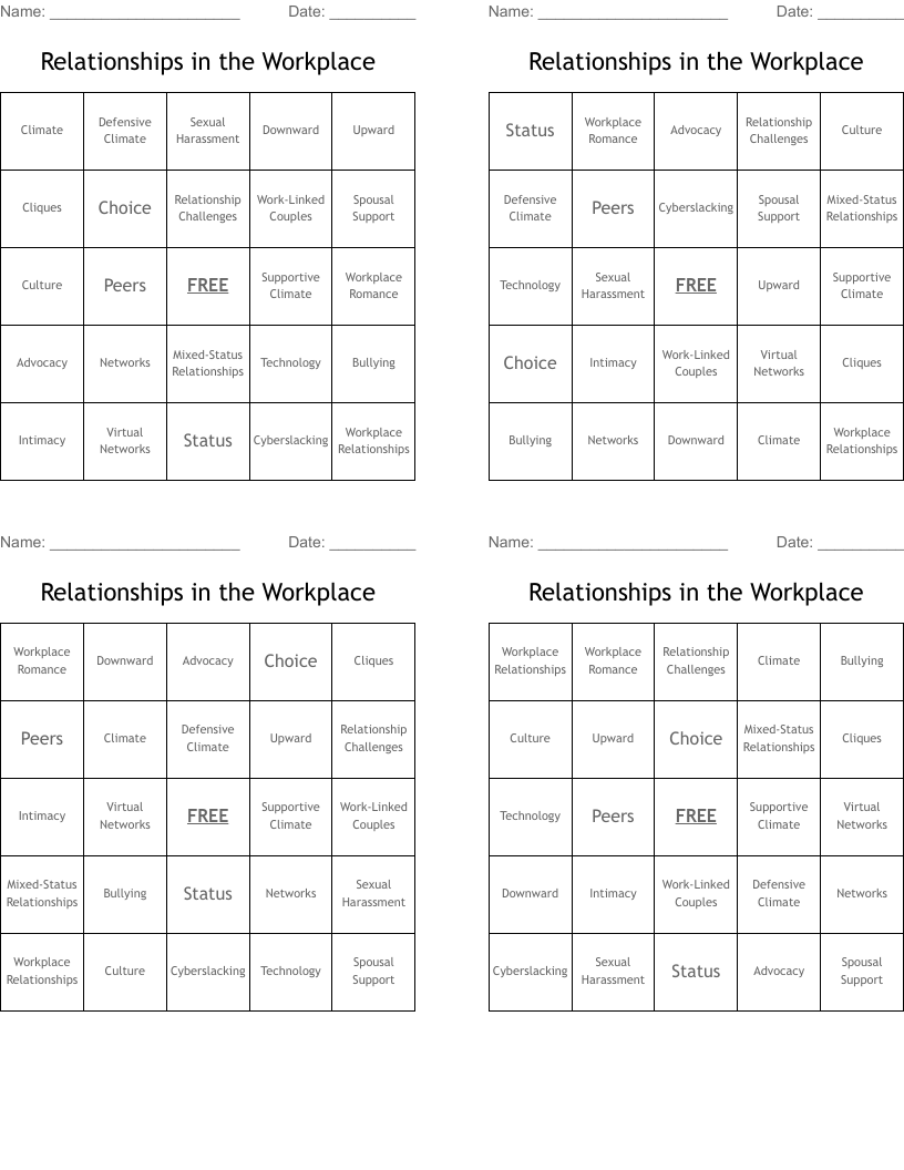 Relationships in the Workplace Bingo Cards - WordMint