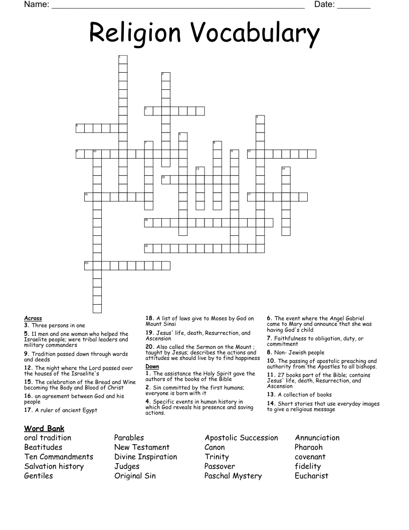 Religion Vocabulary Crossword - WordMint