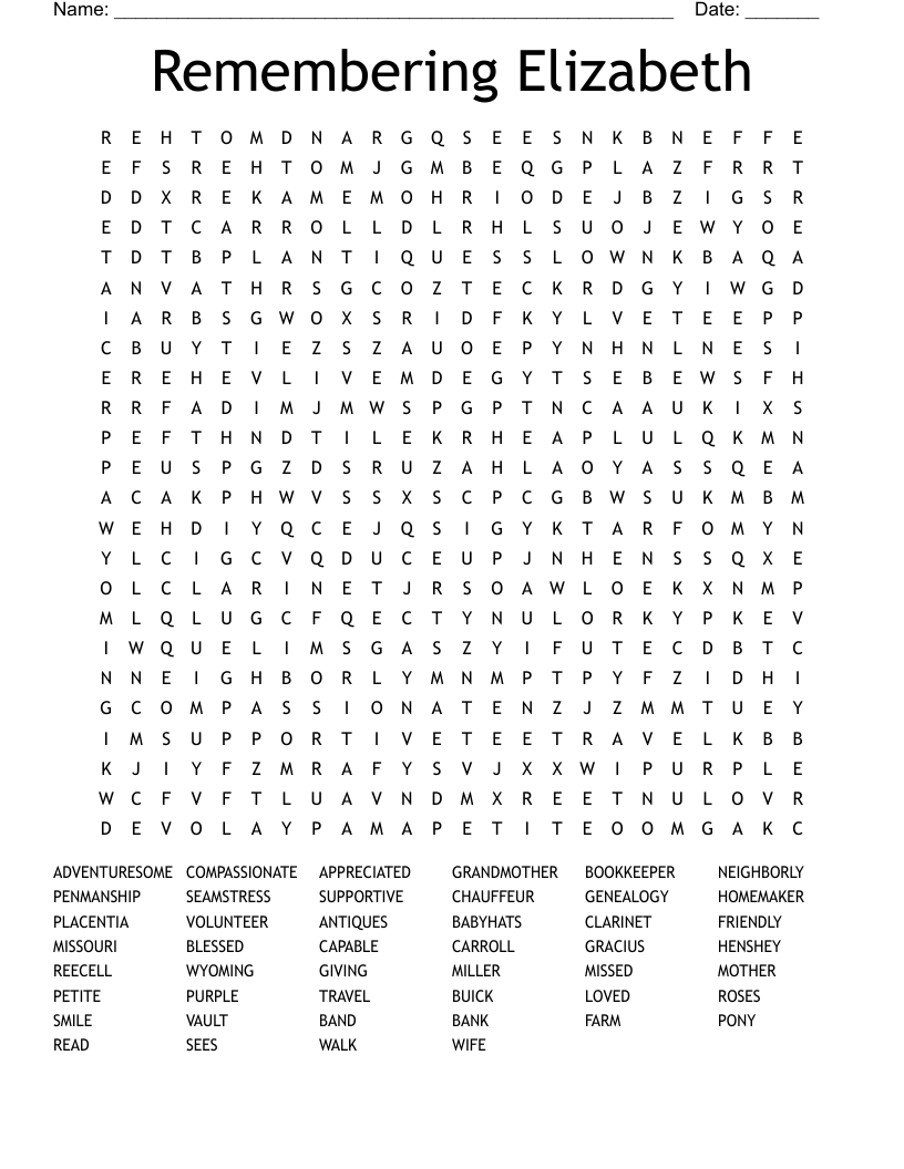 Remembering Elizabeth Word Search - WordMint