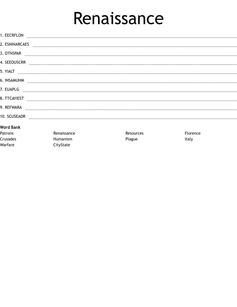 Renaissance Word Scramble - WordMint