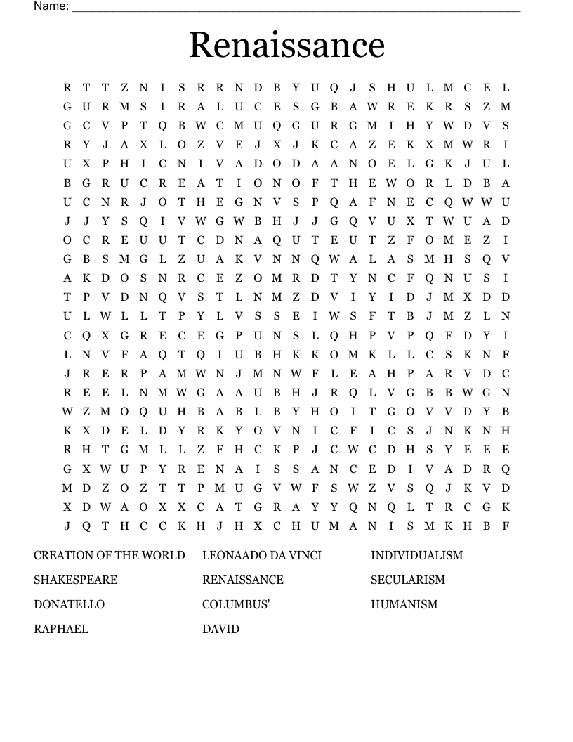 Renaissance Word Search WordMint