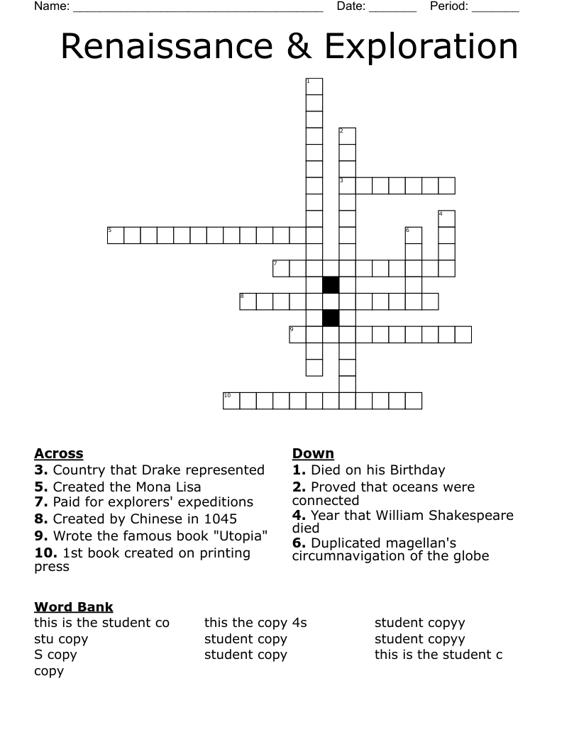 Renaissance & Exploration Crossword - WordMint