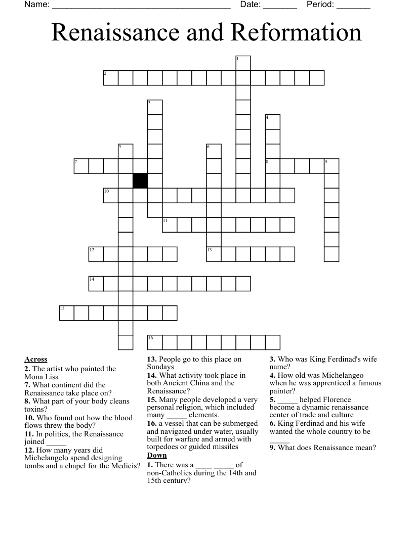 Renaissance and Reformation Crossword - WordMint