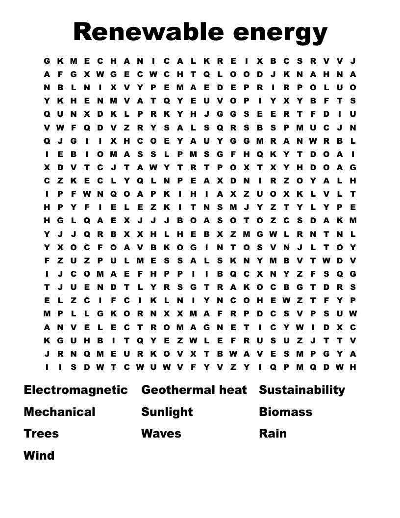 Renewable energy Word Search - WordMint