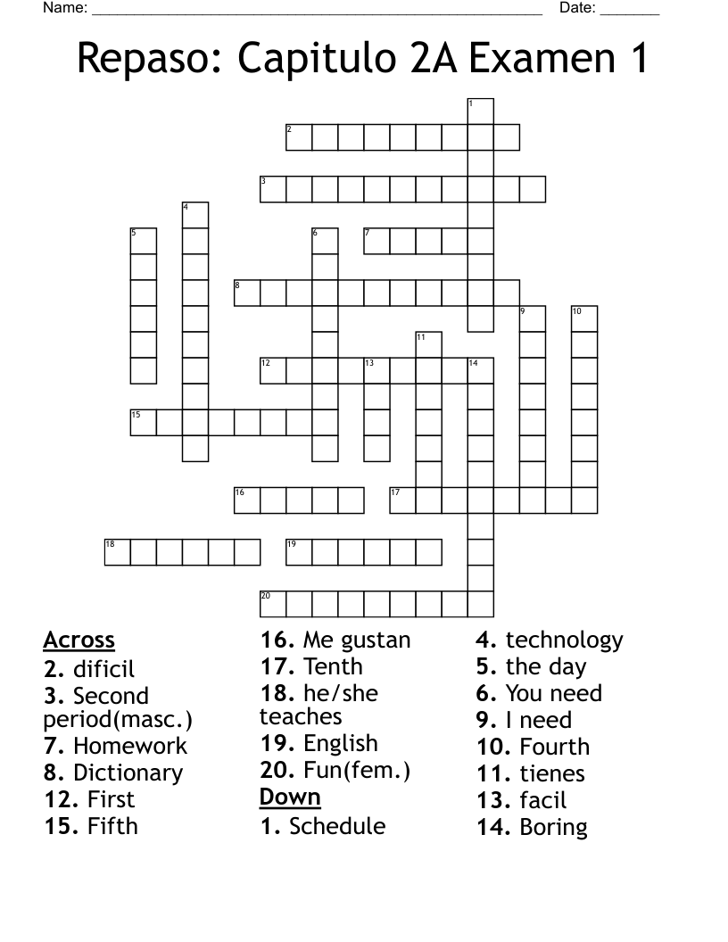 Repaso Capitulo 2A Examen 1 Crossword WordMint