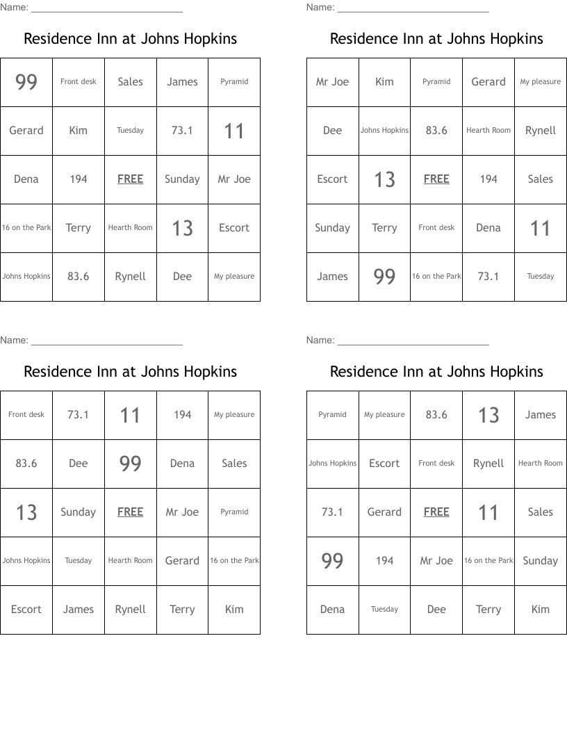 Residence Inn at Johns Hopkins Bingo Cards - WordMint