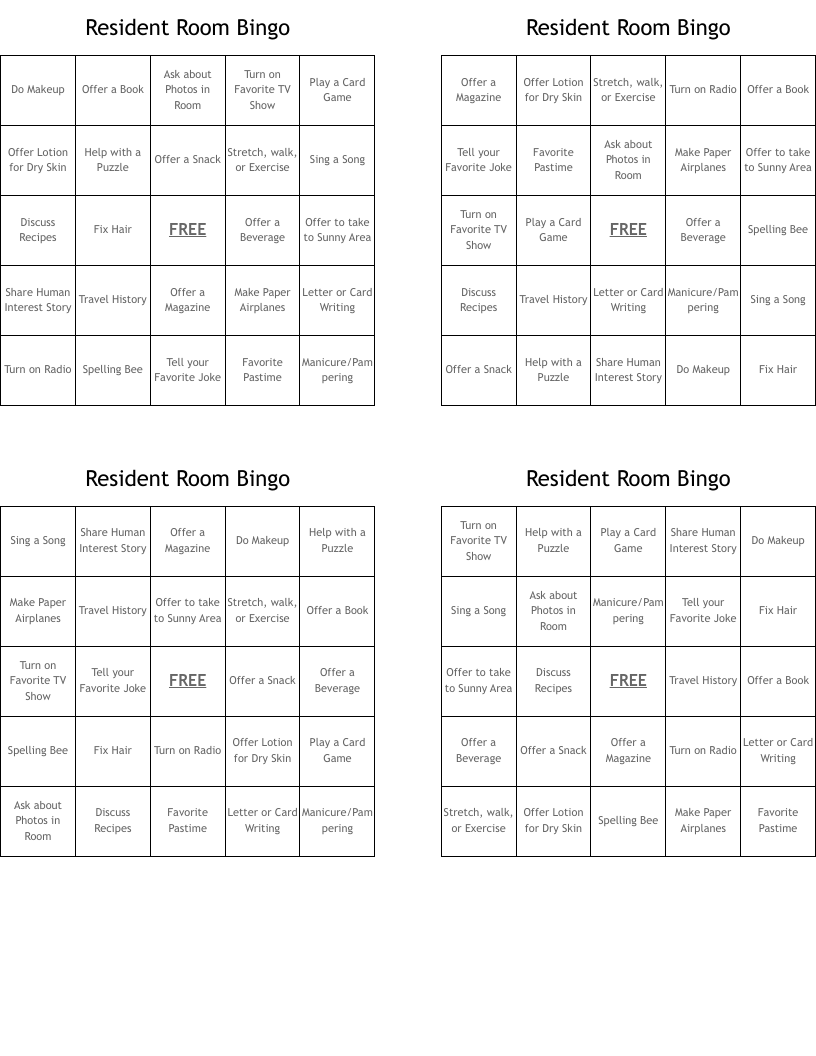 Resident Room Bingo - WordMint