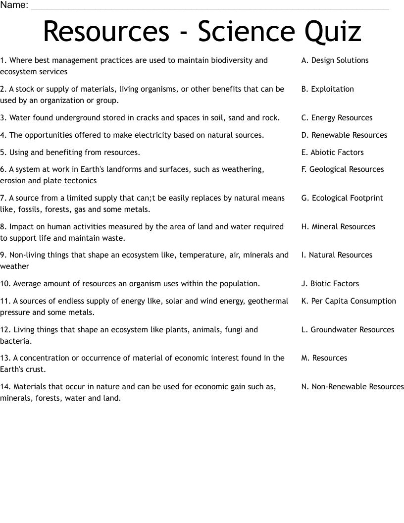 Resources - Science Quiz Worksheet - WordMint