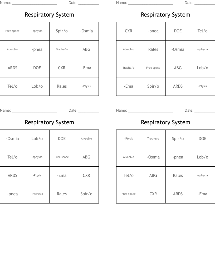 Respiratory System Bingo Cards - WordMint