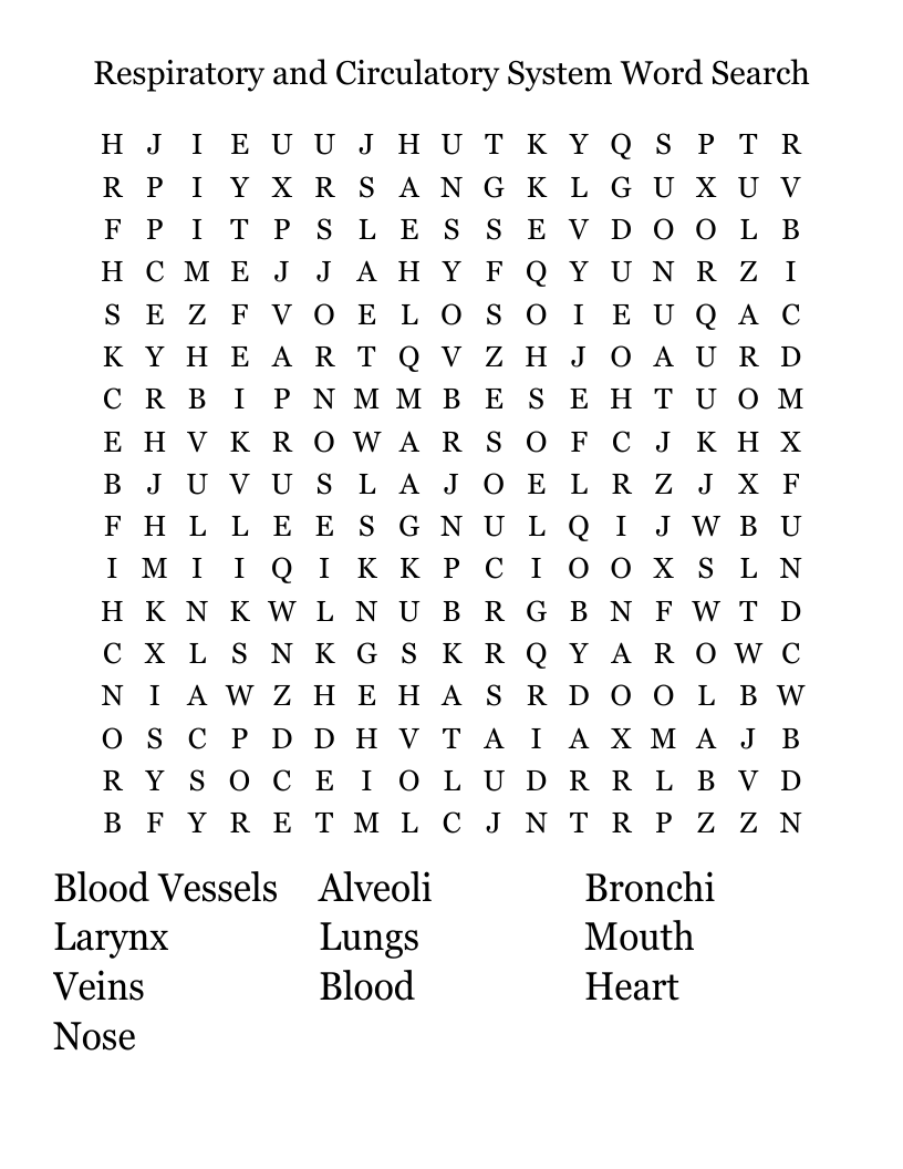 Respiratory and Circulatory System Word Search - WordMint