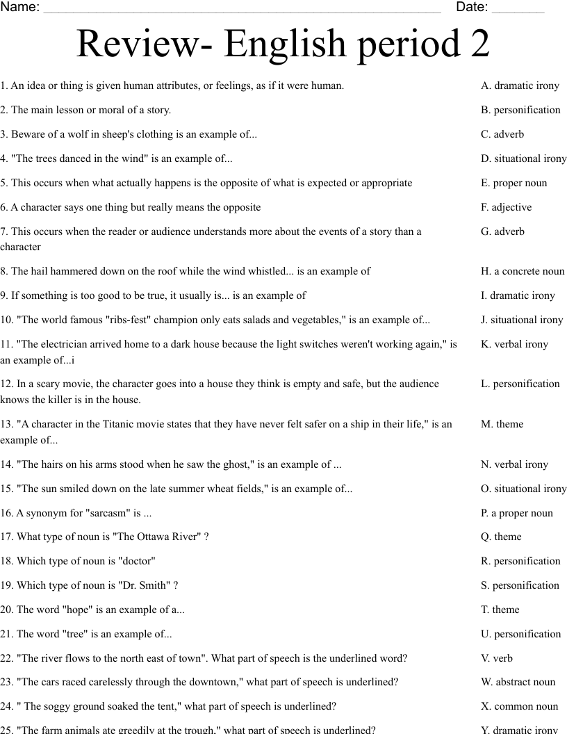 Review- English period 2 Worksheet - WordMint