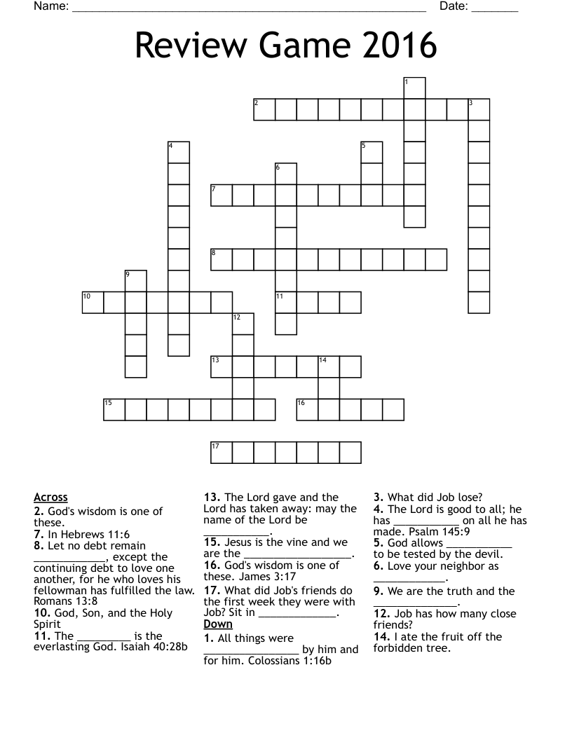 Review Game 2016 Crossword - WordMint