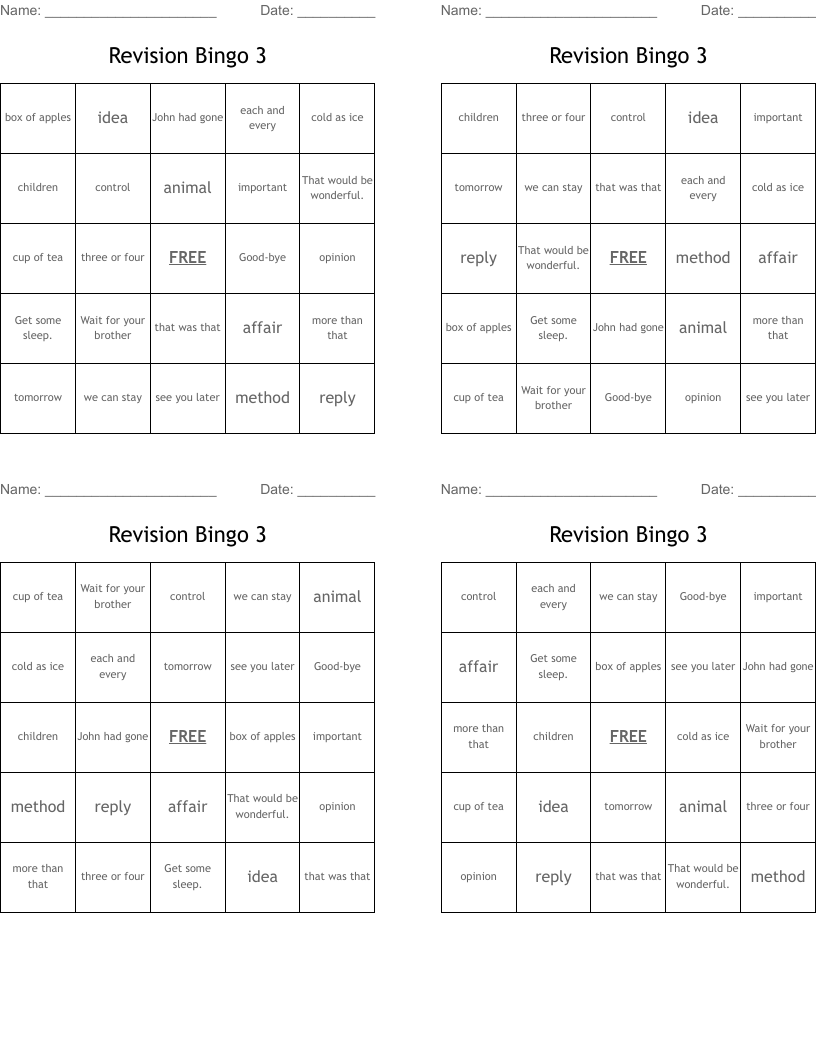 Revision Bingo 3 - WordMint