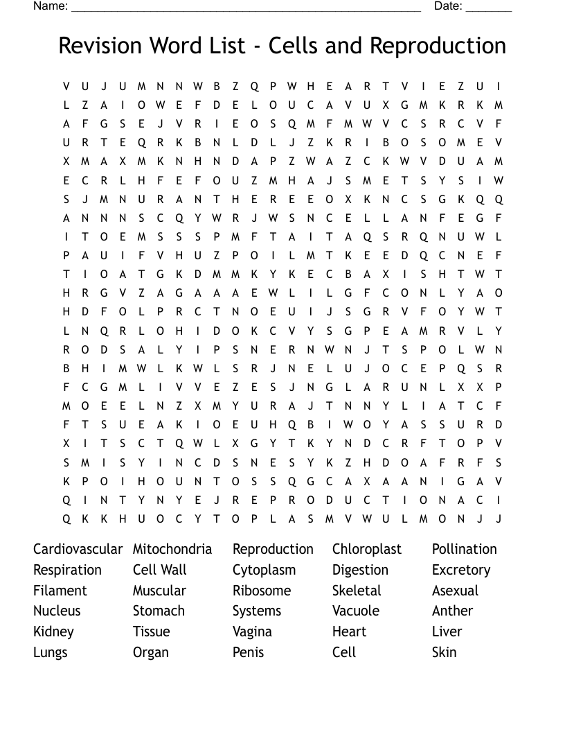 Revision Word List - Cells and Reproduction Word Search - WordMint
