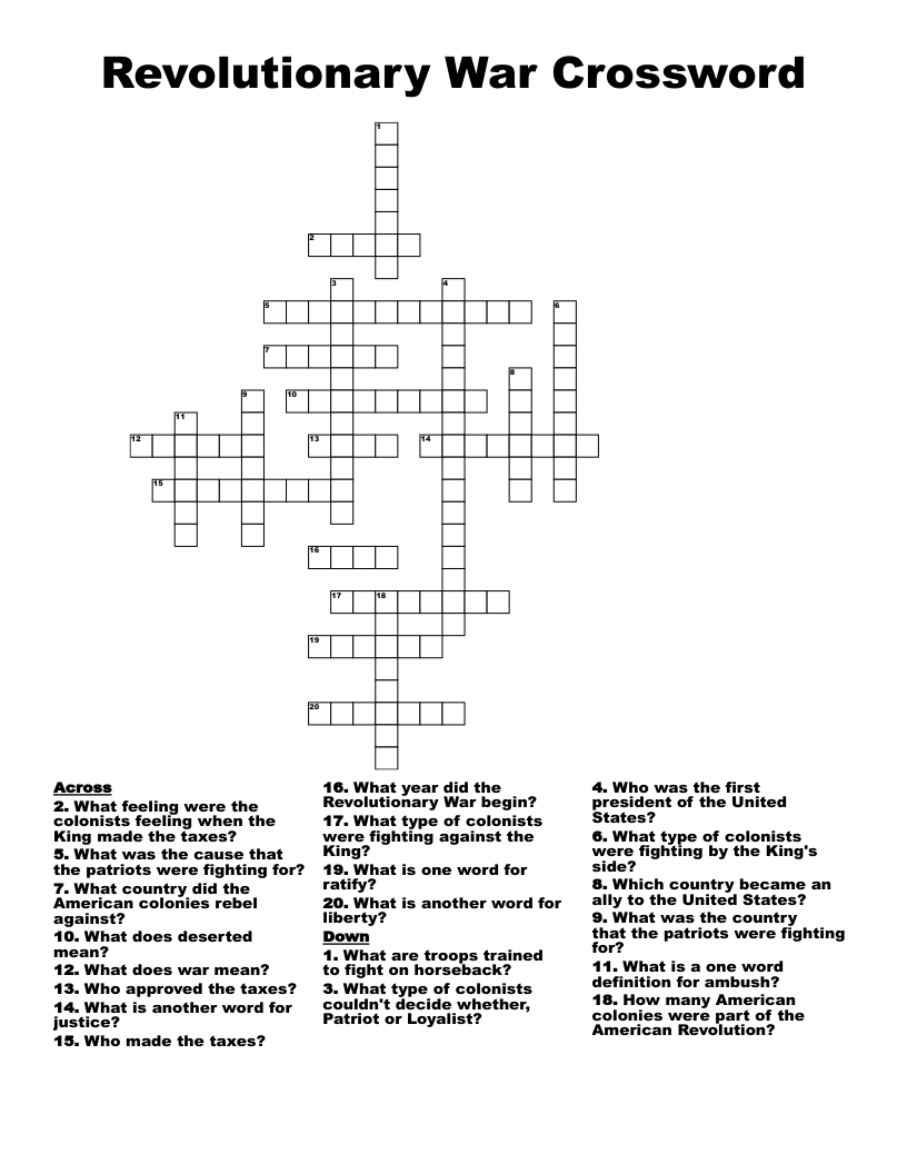 Revolutionary War Crossword - WordMint