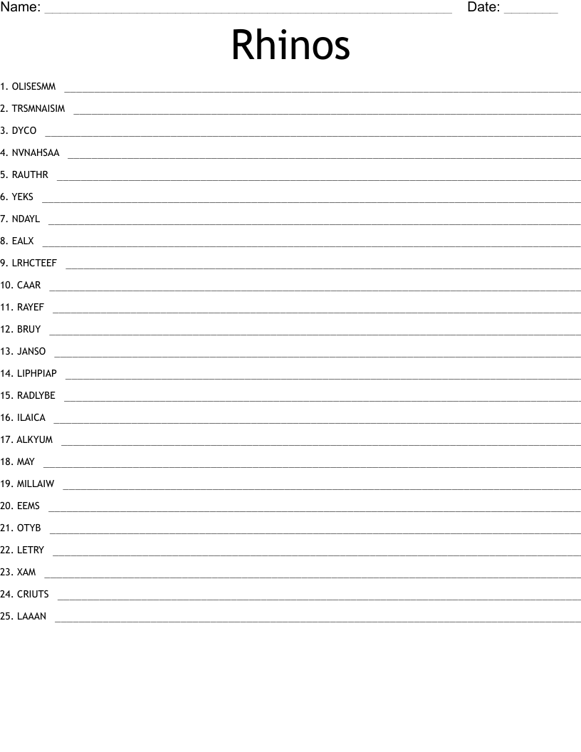 Rhinos Word Scramble - WordMint