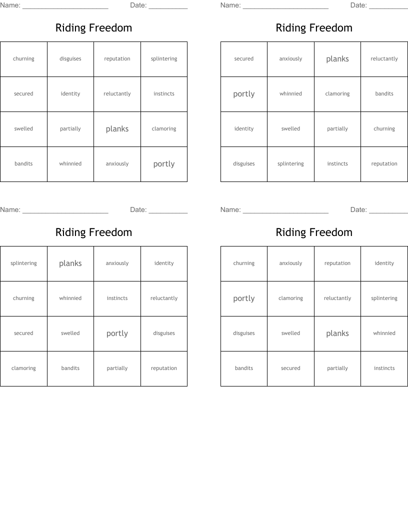 Riding Freedom Bingo Cards - WordMint