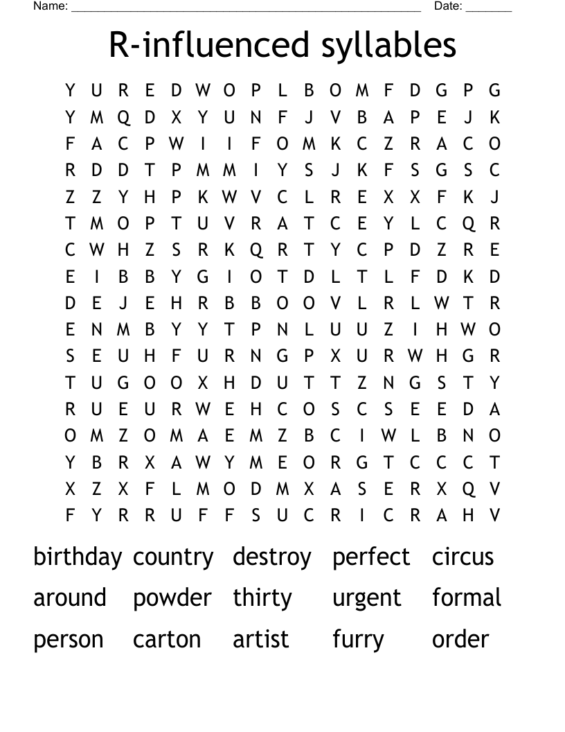 R-influenced syllables Word Search - WordMint