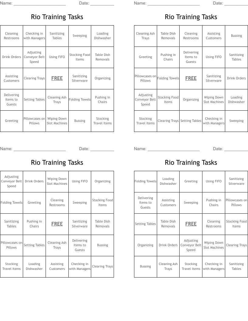 Rio Training Tasks Bingo Cards - WordMint
