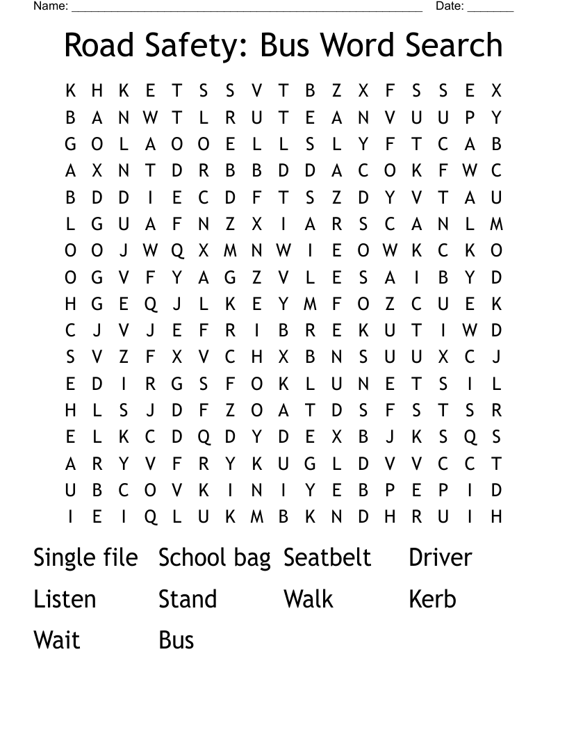 Road Safety: Bus Word Search - WordMint