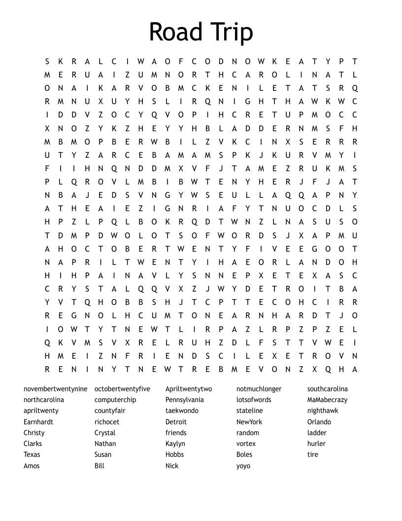 Road Trip Word Search - WordMint