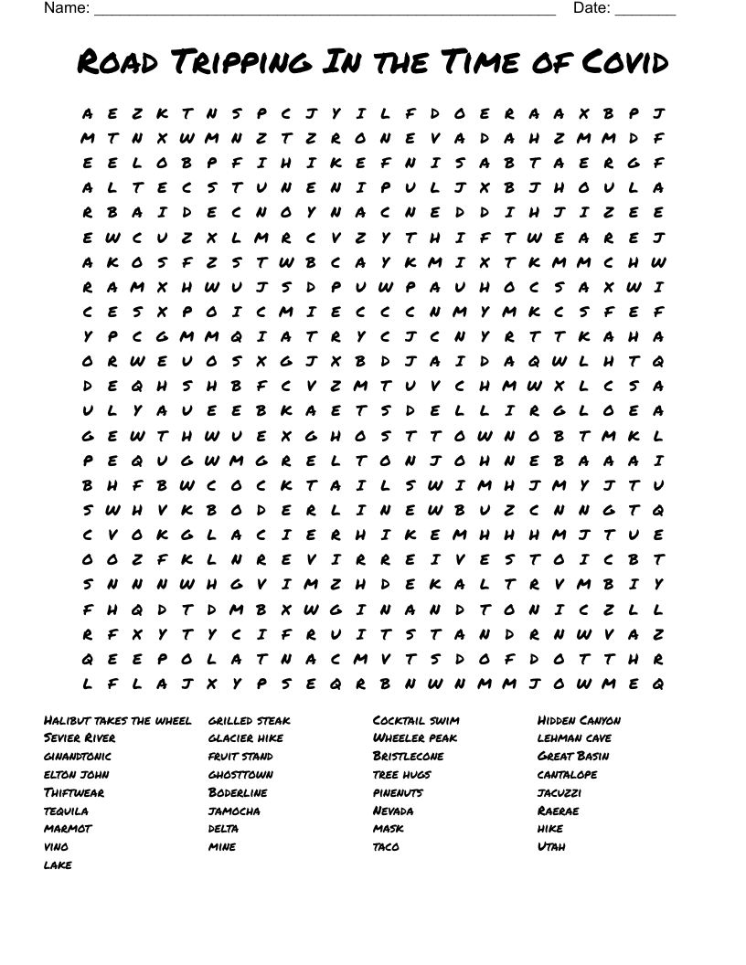 Road Tripping In the Time of Covid Word Search - WordMint