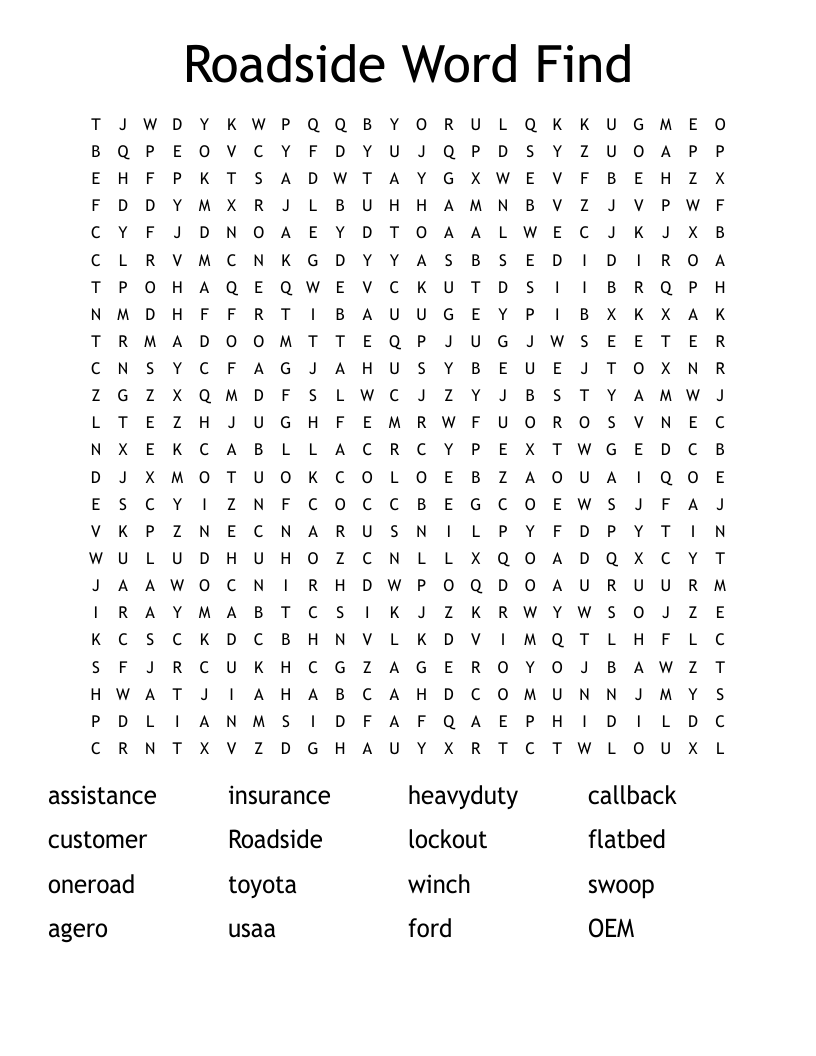 Roadside Word Find Word Search - WordMint
