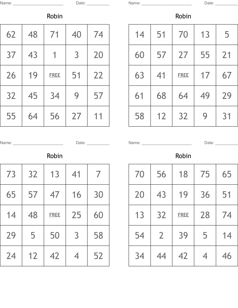 Robin Bingo Cards - WordMint