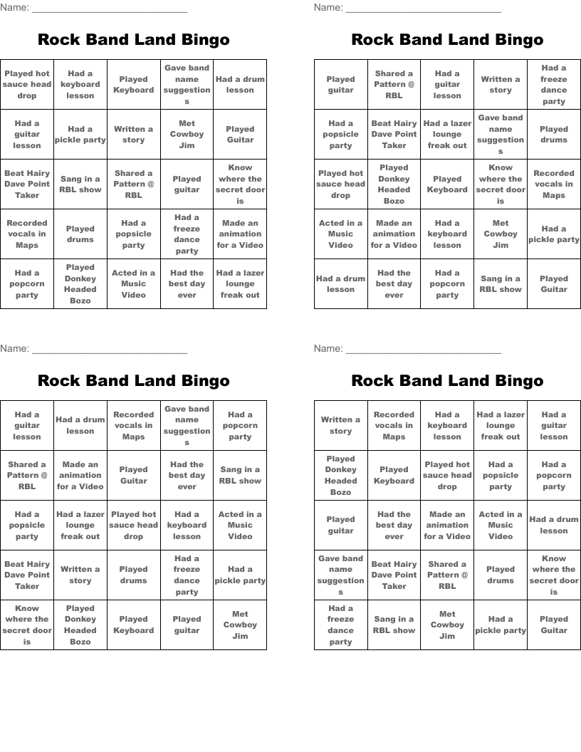 Rock Band Land Bingo - WordMint