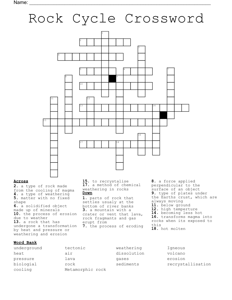 Rock Cycle Crossword - WordMint