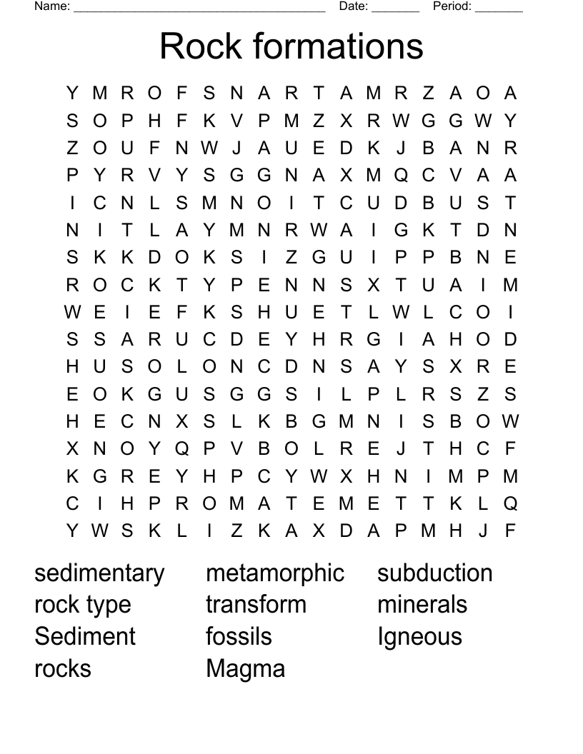 Rock formations Word Search - WordMint