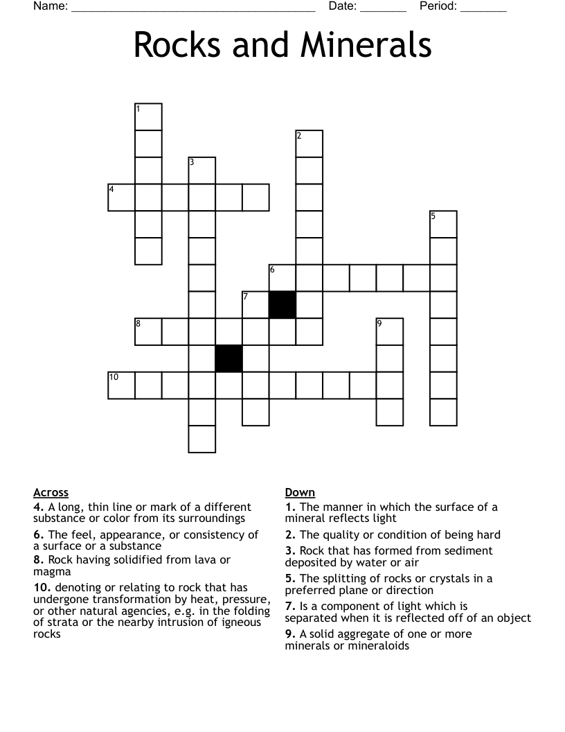 Rocks and Minerals Crossword - WordMint
