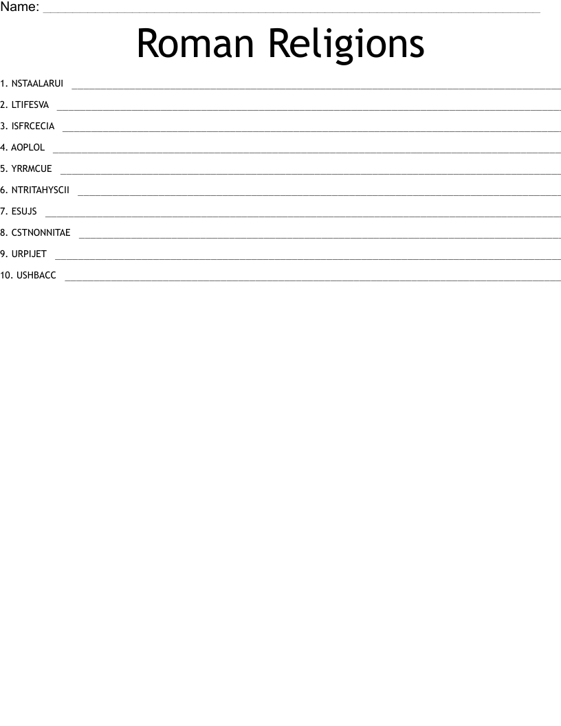 Roman Religions Word Scramble - WordMint