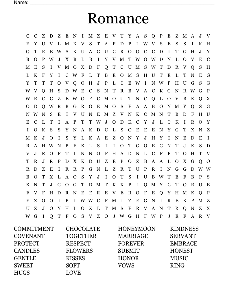 Romance Word Search - WordMint